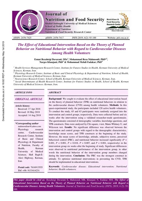 Pdf Educational Intervention Based On The Theory Of Planned Behavior On Nutritional Behavior
