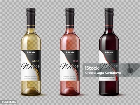 현실적인 투명한 와인 병 와인 종류 흰색 빨간색 및 장미 격리 된 3d 모형 포도 알코올 음료 라벨 디자인 템플릿 음료 디자인 용기 완전한 벡터 세트 와인병에 대한 스톡