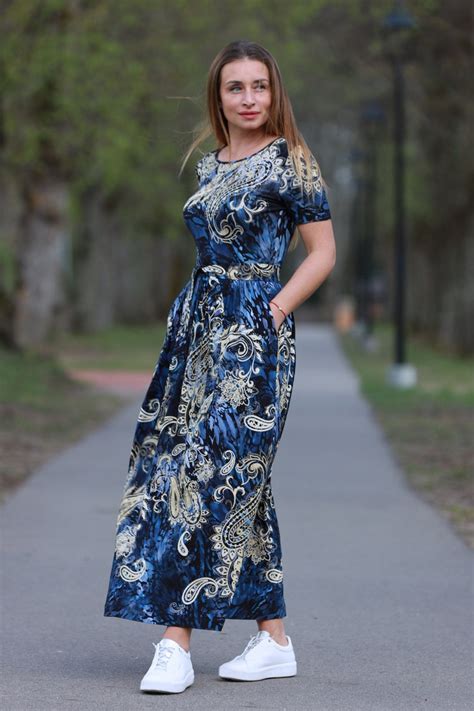 Blue Summer Maxi Dress Casual For Women In Jersey Fabric Long Floral