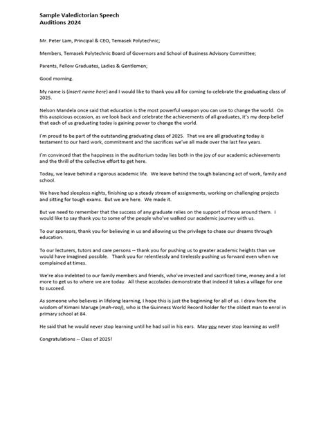 Sample Valedictorian Speech 2025 Pdf