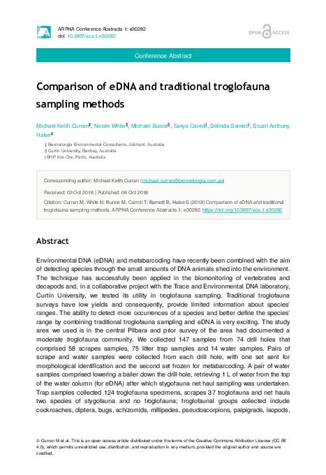 Pdf Comparison Of Edna And Traditional Troglofauna Sampling Methods