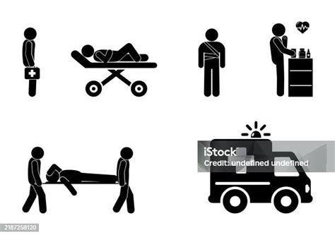 앰뷸런스 아이콘 세트 스틱 그림 Stickman Man 고립 된 실루엣 의학 기호 구급 대원이 사람들을 돕습니다 가지 식물 부위에 대한 스톡 벡터 아트 및 기타 이미지
