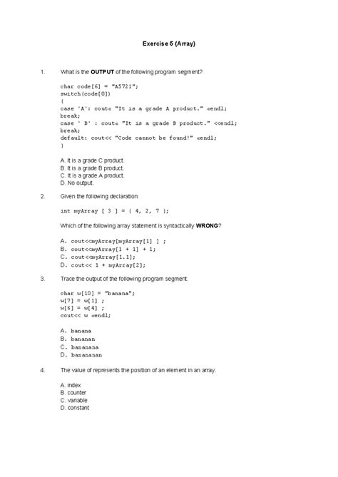 Exercise 5 Array Zzzzzzz Exercise 5 Array 1 What Is The Output Of The Following Program
