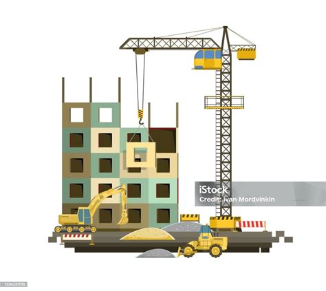 대도시 건물의 건설 주거용 주택 및 산업용 물건 상징 리프팅 크레인 현대 기술과 장비 격리된 그림 벡터 크레인에 대한 스톡 벡터