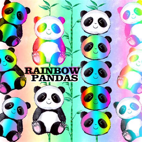 Kawaii Rainbow Pandas Digital Clipart Clip Art Instant Download Watercolor Bamboo Cute