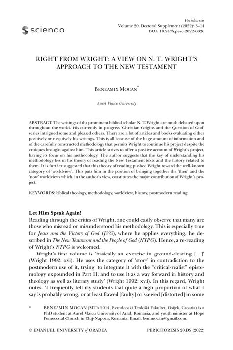 Pdf Right From Wright A View On N T Wrights Approach To The New Testament