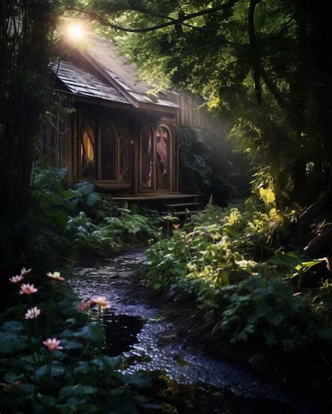 Premium Ai Image An Image Of A House In The Woods With A Stream