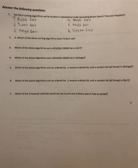 Solved Answer The Following Questions List The Sorting Chegg