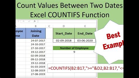 How To Count Values Between Two Dates Excel Countifs Function Youtube