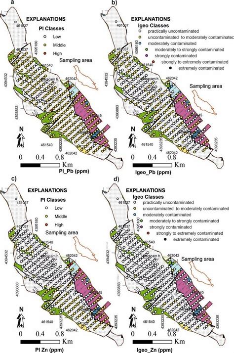 A Pi Pb Dot Map B Igeo Pb Dot Map C Pi Zn Dot Map D Igeo Zn Dot