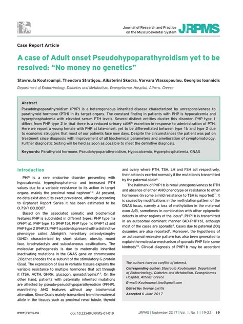 Pdf A Case Of Adult Onset Pseudohypoparathyroidism Yet To Be Resolved “no Money No Genetics”