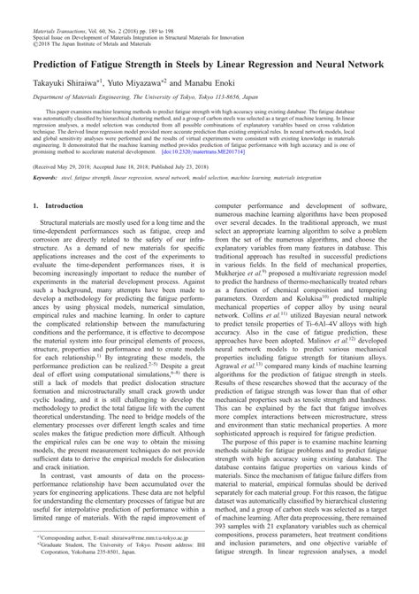 Pdf Prediction Of Fatigue Strength In Steels By Linear Regression And Neural Network