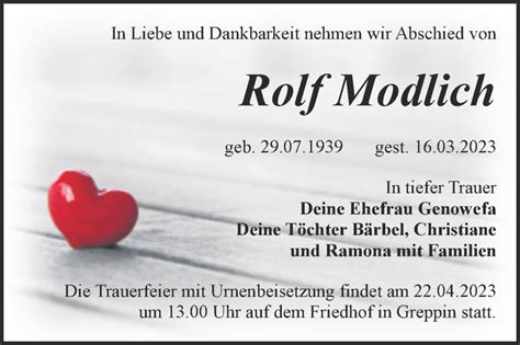 Traueranzeigen Von Rolf Modlich Abschied Nehmen De
