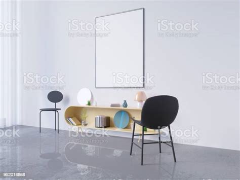 홈 오피스 인테리어 배경 3d 렌더링 3d 일러스트의 포스터 프레임을 모의 0명에 대한 스톡 사진 및 기타 이미지 0명 가구 공란 Istock