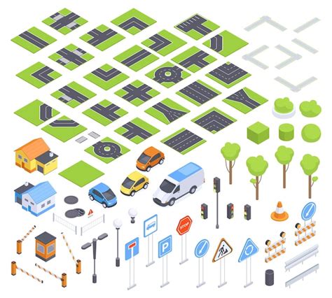 아이소메트릭 도로 3d 도시 생성자 도시 거리 도로 표지판 신호등 광고판 및 가로등 3d 벡터 그림 세트 도시 도로 지도 요소 프리미엄 벡터