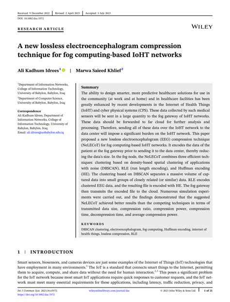A New Lossless Electroencephalogram Compression Technique For Fog Computing Based Ioht Networks