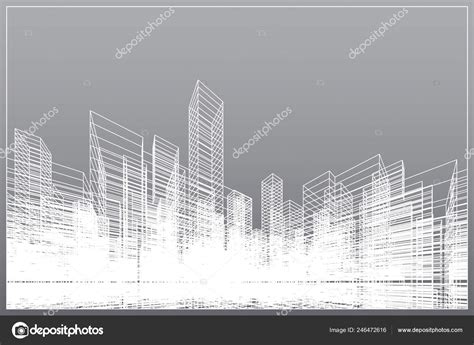 Abstract Wireframe City Background Perspective Render Building Wireframe Vector Illustration