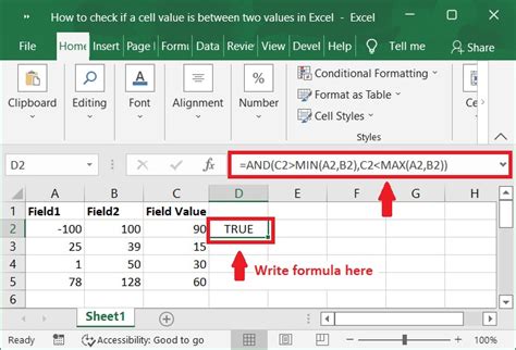 Excel 如何检查一个单元格的值是否在两个值之间 极客教程