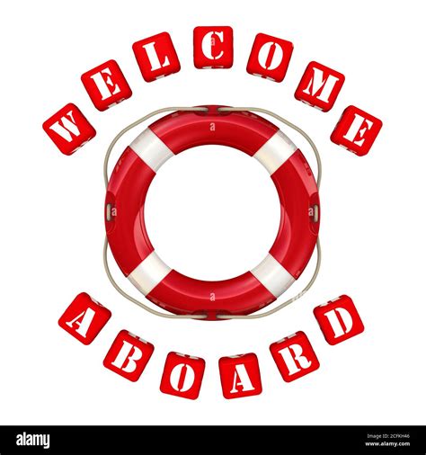 Welcome Aboard Lifebuoy And Inscription Welcome Aboard Made From Red Cubes Isolated On A White