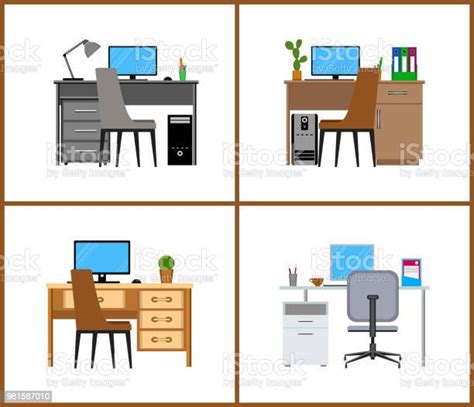 데스크톱 흰색 배경에 고립의 집합입니다 사무실입니다 벡터 일러스트입니다 가구에 대한 스톡 벡터 아트 및 기타 이미지 가구 가정의 방 개념 Istock