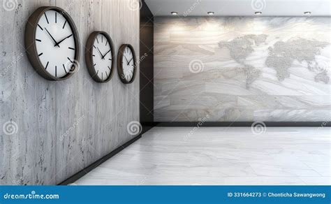 modern office lobby with world map on wall and three clocks showing