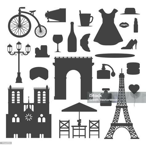 파리 아이콘 벡터 실루엣 유명한 여행 요리 전통 현대 프랑스 문화 유럽 에펠 패션 디자인 건축 기호 그림 파리 일 드 프랑스에 대한 스톡 벡터 아트 및 기타 이미지 Istock
