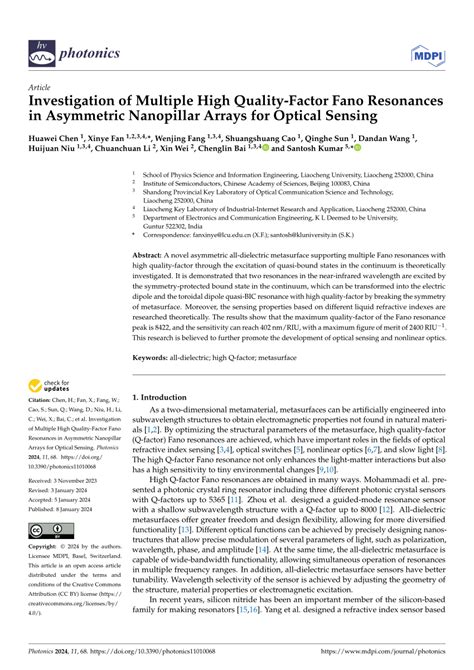 Pdf Investigation Of Multiple High Quality Factor Fano Resonances In Asymmetric Nanopillar