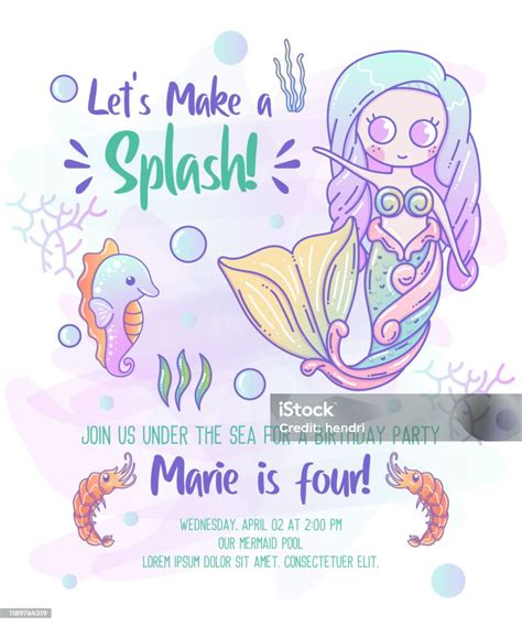 귀여운 인어와 해양 생물 만화와 아이 생일 파티 초대 카드 0명에 대한 스톡 벡터 아트 및 기타 이미지 0명 거북이 공주 Istock