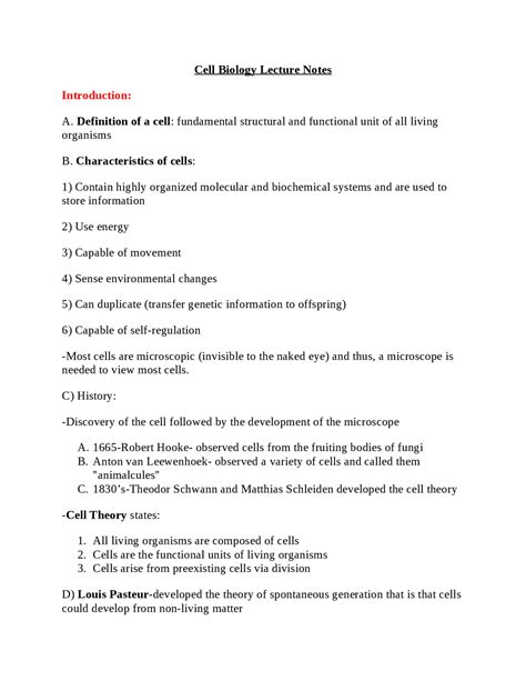 Cell Biology Lecture Notes Docsity
