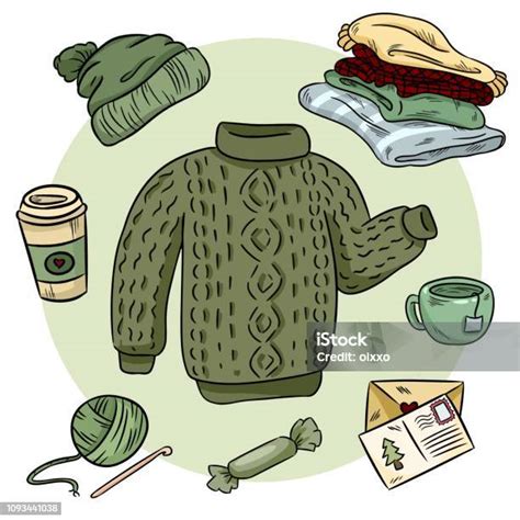 겨울 크리스마스 아늑한 설정 한다면 귀여운 Hygge 스티커입니다 아늑한 겨울 항목의 컬렉션입니다 스웨터 모자 커피 머그잔 뜨개질 털 실 편지 보보스에 대한 스톡 벡터 아트