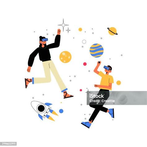 가상 현실 공간 탐험 몰입형 게임 메타버스 경험 및 디지털 모험을 상징하는 평면 벡터 일러스트 레이 션 흰색 배경에 고립 인공지능에 대한 스톡 벡터 아트 및 기타 이미지