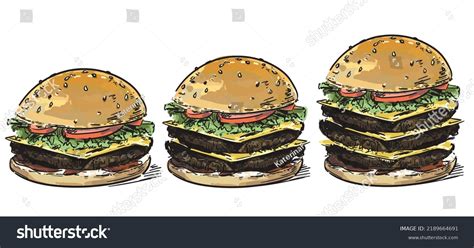 Three Sizes Hambuger Realistic Drawing Set Stock Vector Royalty Free Shutterstock