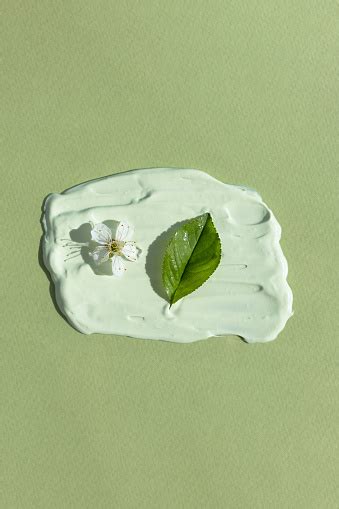 녹색 배경에 흰색 꽃과 녹색 잎이있는 크림의 질감 스킨 케어 화장품 제품의 얼룩 천연 화장품의 개념 위쪽 보기 보습제에 대한 스톡 사진 및 기타 이미지 Istock