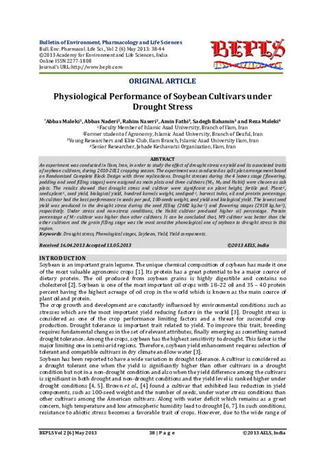 Pdf Physiological Performance Of Soybean Cultivars Under Drought Stress