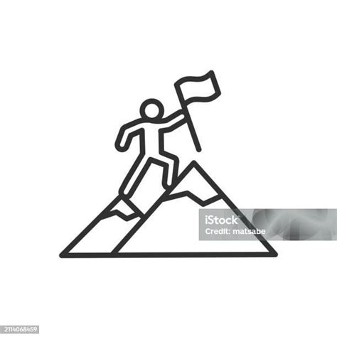 깃발 선형 아이콘이 있는 산에 있는 사람입니다 정상에 도달합니다 성공 편집 가능한 획이 있는 선 아이콘에 대한 스톡 벡터 아트 및 기타 이미지 Istock