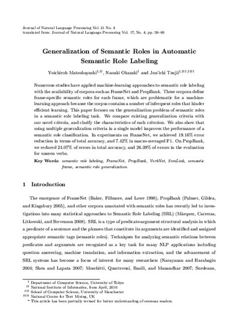 Pdf Generalization Of Semantic Roles In Automatic Semantic Role Labeling