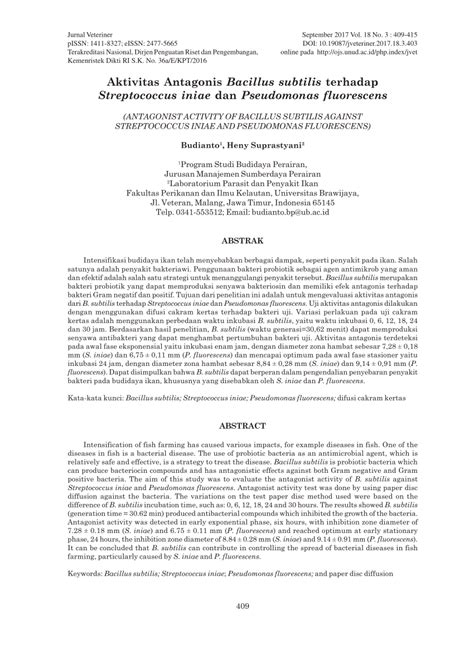 Pdf Aktivitas Antagonis Bacillus Subtilis Terhadap Streptococcus Iniae Dan Pseudomonas