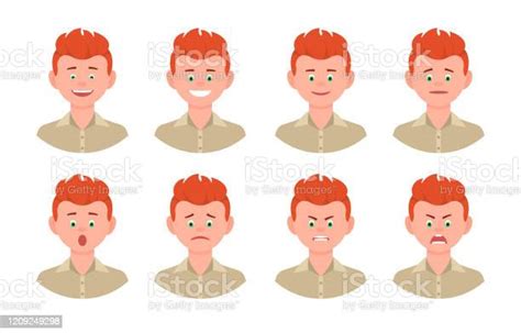 감성 적인 얼굴 만화 캐릭터 젊은 사무실 남자 전면 보기 디자인 벡터 일러스트 세트 행복 미소 화가 놀라움 슬픈 화가 빨간 머리 사람 평면 스타일 개념을 외치는 가공의