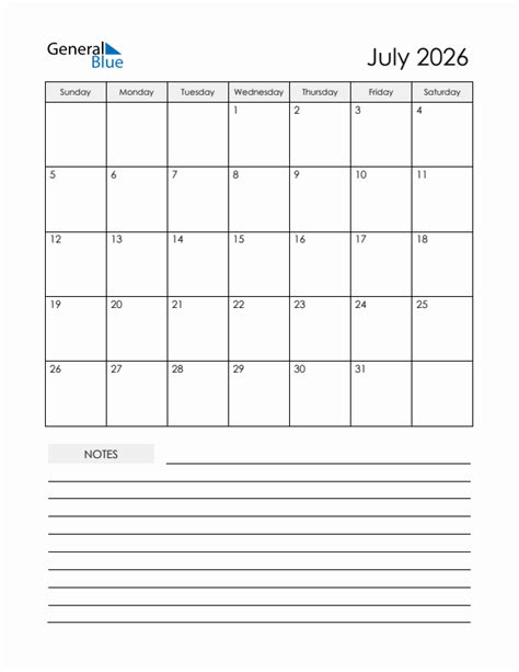 July 2026 Monthly Calendar