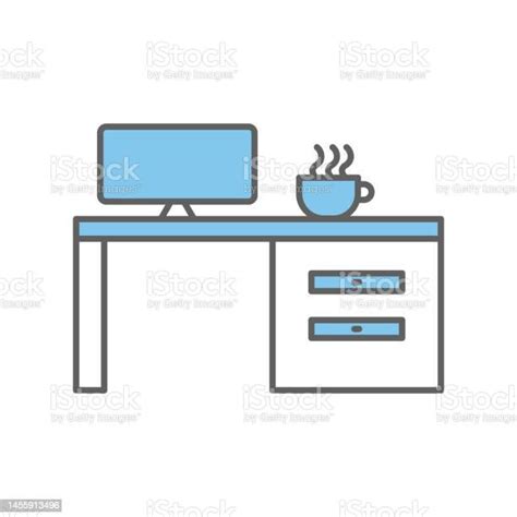 모니터 컴퓨터가 있는 테이블 아이콘 그림입니다 직장 아이콘에 적합합니다 프로젝트 관리와 관련된 아이콘입니다 플랫 라인 아이콘 스타일입니다 간단한 벡터 디자인 편집 가능
