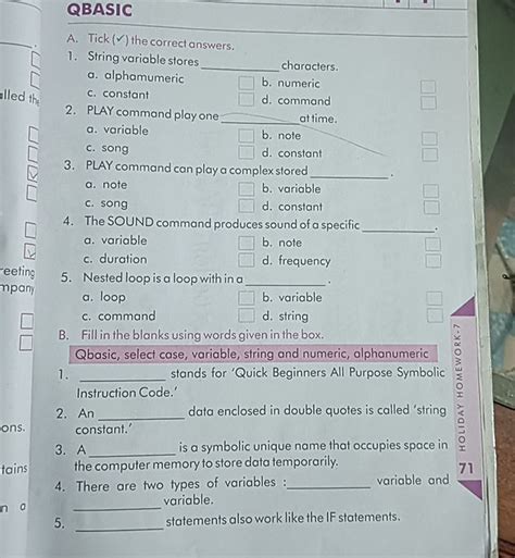 A Tick The Correct Answers 1 String Variable Stores Characters A Alphanumeric B Numeric C