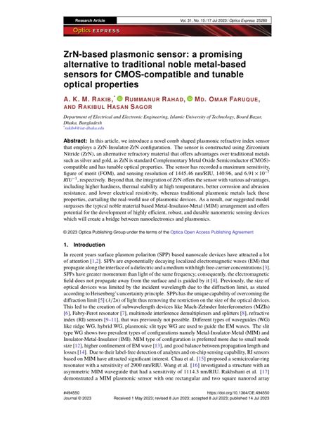 Pdf Zrn Based Plasmonic Sensor A Promising Alternative To Traditional Noble Metal Based