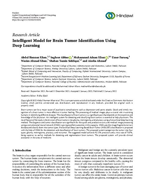 Intelligent Brian Tumor Research Article Intelligent Model For Brain Tumor Identification
