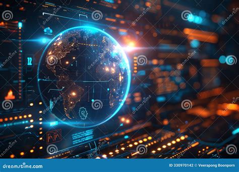 Data Display With 3d Earth Asia Highlighted Blue Tech Ambiance Stock Illustration