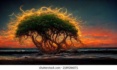 Glowing Tree Life Horizon Beach Sunset Stock Illustration 2189286071 Shutterstock