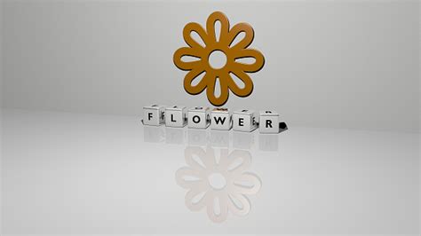 벽에 아이콘이있는 꽃의 3d 표현과 개념 의미 및 슬라이드 쇼 프리젠 테이션을위해 거울 바닥에 금속 입방 문자로 배열 텍스트 배경 및 일러스트레이션 0명에 대한 스톡 사진