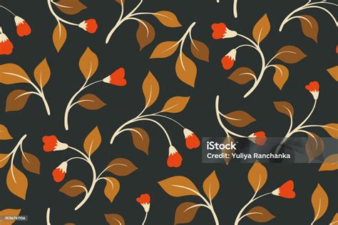 가을 식물학과 매끄러운 꽃 무늬 짙은 갈색 배경에 꽃과 나뭇잎이있는 작은 가지 벡터 그림입니다 가을에 대한 스톡 벡터 아트 및 기타 이미지 Istock