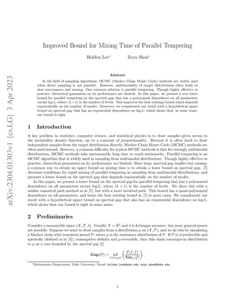 Improved Bound For Mixing Time Of Parallel Tempering Deepai