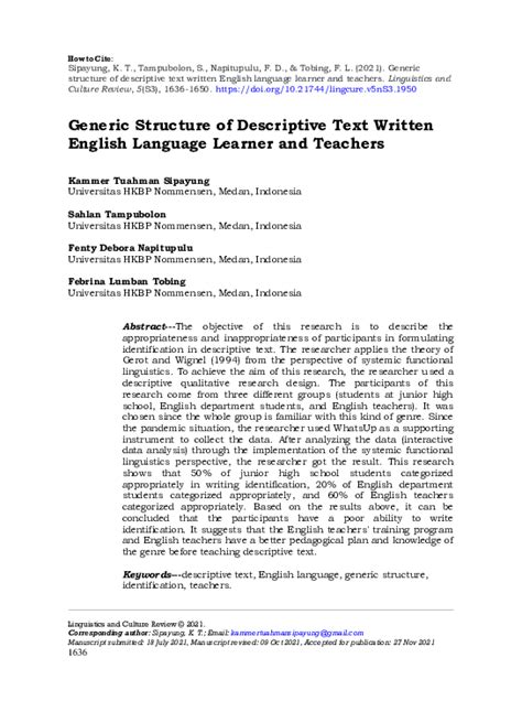 Pdf Generic Structure Of Descriptive Text Written English Language Learner And Teachers