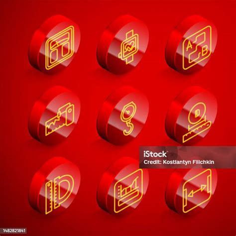 라인 욕실 저울 스마트 시계 경로 위치 측정기 핸드 스프링 기계식 직경 각도기 눈금자 및 그래프 일정 차트 다이어그램 아이콘 설정 벡터 3차원 형태에 대한 스톡 벡터 아트